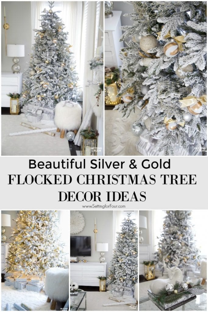 Silver & Gold Flocked Christmas Tree Decorations - Setting For Four ...